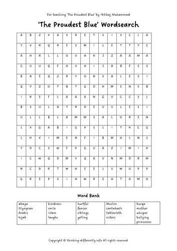 FREEBIE WORDSEARCH on The Proudest Blue by Ibtihaj Muhammad | Teaching ...
