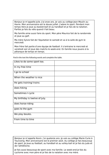 les sports avec je joue et je fais (various forms at the present tense ...