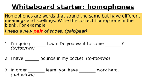 Homophone SPaG Starters for Whiteboards Part 1 | Teaching Resources