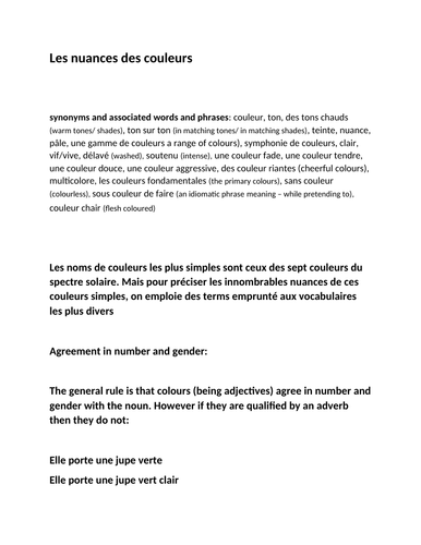 A Level French revision sheet: expanding vocabulary : les couleurs et ...