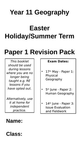 Paper 1 AQA GCSE Geography Revision booklet for Grade 3 - 6 students ...