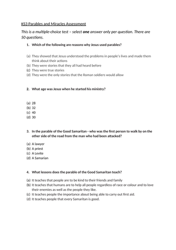 KS3 Parables and Miracles Assessment | Teaching Resources
