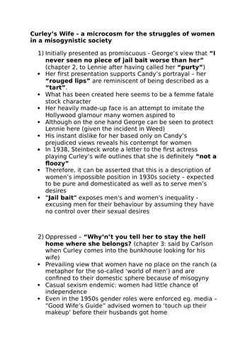 Curley's Wife Essay Plan for GCSE (Of Mice and Men) | Teaching Resources