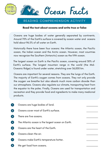 Ocean Facts Reading Comprehension - True or False | Teaching Resources
