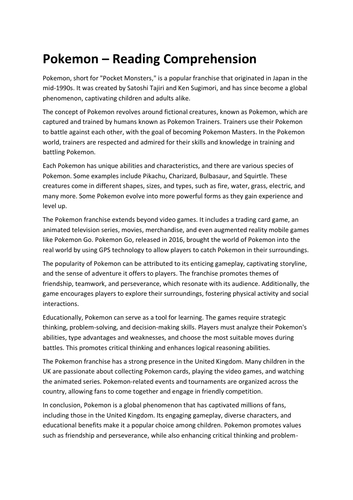 Pokemon – Reading Comprehension | Teaching Resources