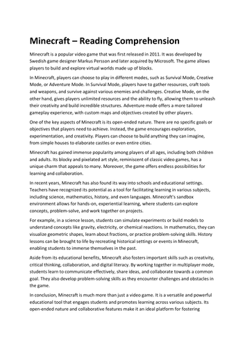 Minecraft – Reading Comprehension | Teaching Resources