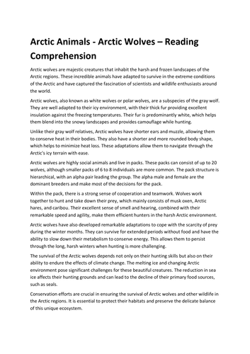 Arctic Animals - Arctic Wolves – Reading Comprehension | Teaching Resources