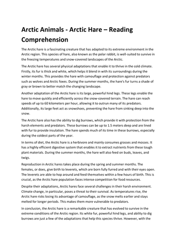 Arctic Animals - Arctic Hare – Reading Comprehension | Teaching Resources