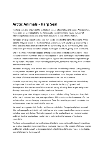 Arctic Animals - Harp Seal – Reading Comprehension | Teaching Resources