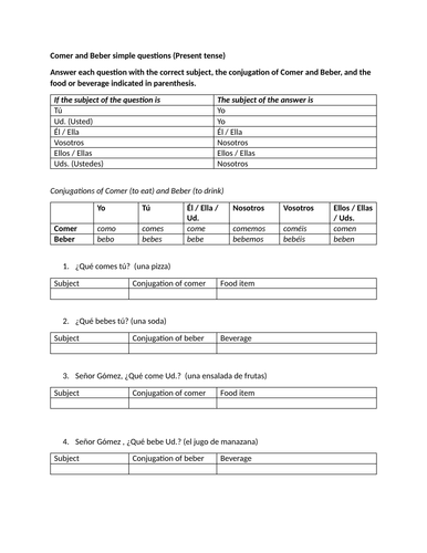 Comer and Beber simple questions (Present tense) | Teaching Resources