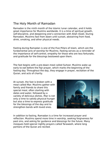 The Holy Month of Ramadan Reading Comprehension KS2 | Teaching Resources