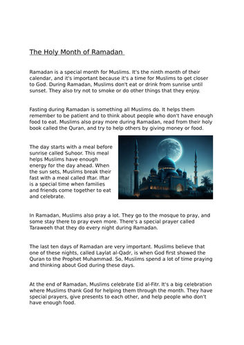 The Holy Month of Ramadan Reading Comprehension KS2 | Teaching Resources