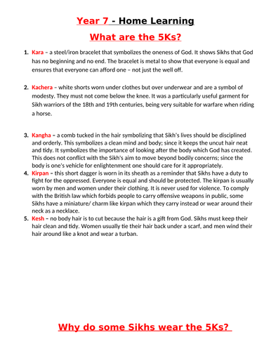 Year 7 - The 5 K's Homework | Teaching Resources