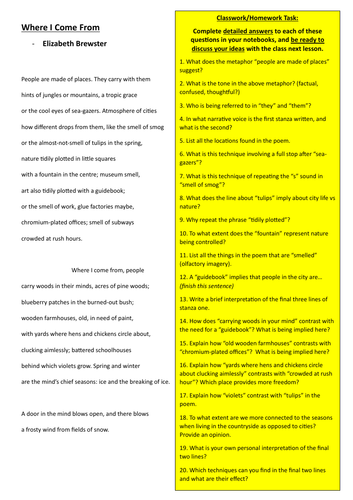 Where I Come From by Elizabeth Brewster - Full Lesson Activities - CIE ...