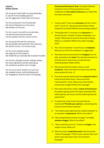 Lament by Gillian Clarke - Full Lesson Activities - CIE Poetry iGCSE ...