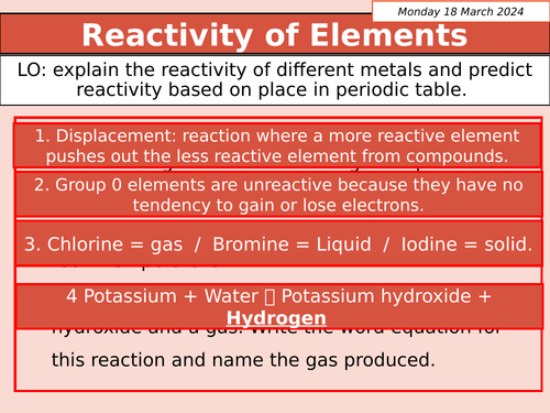 GCSE Chemistry: Reactivity of Elements | Teaching Resources