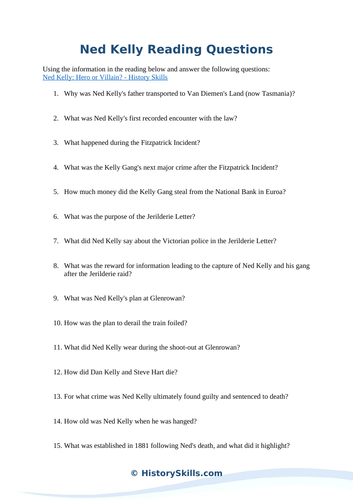Ned Kelly Reading Questions Worksheet | Teaching Resources