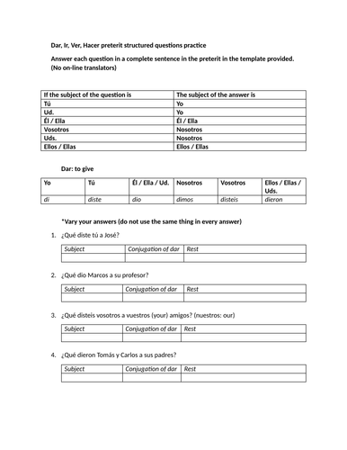 Dar, Ir, Ver, Hacer preterit structured questions practice | Teaching ...