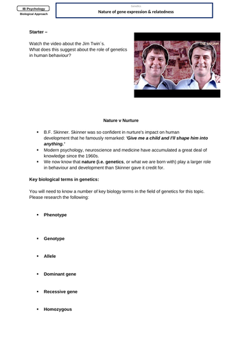 IB Psychology: Genetics & Behaviour (full unit) | Teaching Resources