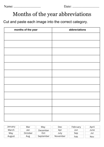Printable months of the year abbreviations worksheet for kindergarten ...