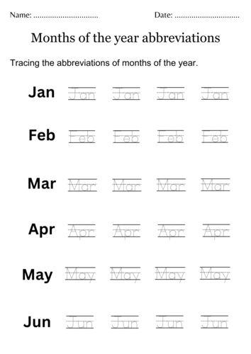 Printable months of the year abbreviations worksheet for kindergarten ...