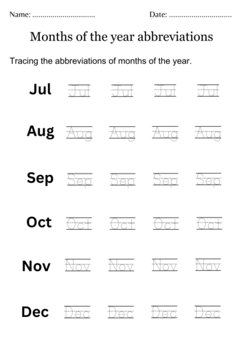 Printable months of the year abbreviations worksheet for kindergarten ...