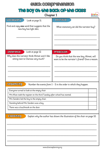 Comprehension The Boy at the Back of the Class - Chapters 1 - 13 ...