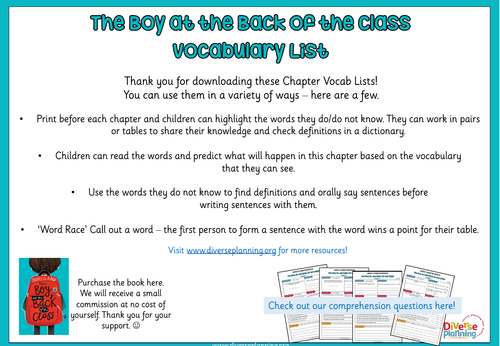 The Boy at the Back of the Class Chapter by Chapter Vocabulary List ...