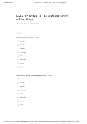 GCSE Forms quiz: Characteristics of living things and variety of life ...
