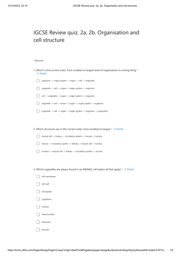 GCSE Forms Quiz: Cell structure and organisation | Teaching Resources