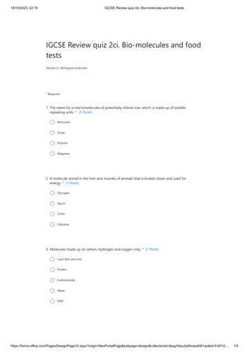 GCSE Forms quiz: Biological molecules and food tests | Teaching Resources