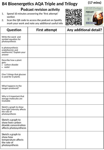 B4 Bioenergetics revision podcast activity AQA GCSE | Teaching Resources