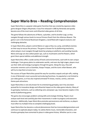 Super Mario Bros – Reading Comprehension | Teaching Resources