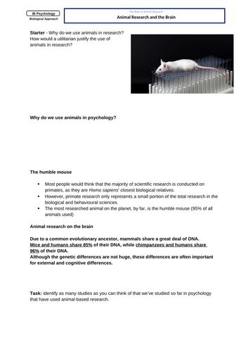 IB Psychology: Animal research full unit (HL only) | Teaching Resources