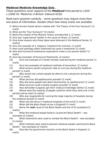 Medieval Medicine Knowledge Quiz - Questions and Answers | Teaching ...