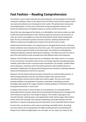 Fast Fashion – Reading Comprehension Worksheet | Teaching Resources