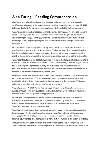 Alan Turing – Reading Comprehension | Teaching Resources