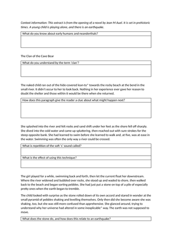 GCSE English Language Paper1 Clan of the Cave Bear AQA Edexcel Exam ...