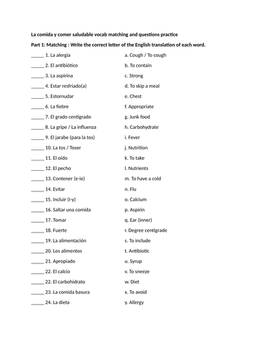 La comida y comer saludable vocab matching and questions practice ...