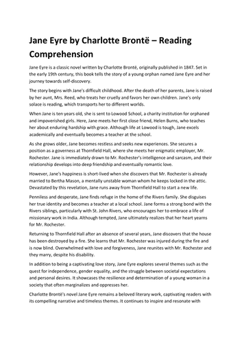 Jane Eyre by Charlotte Brontë – Reading Comprehension | Teaching Resources