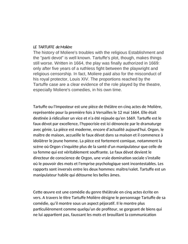 Moliere Le Tartuffe A LEVEL FRENCH exam questions | Teaching Resources