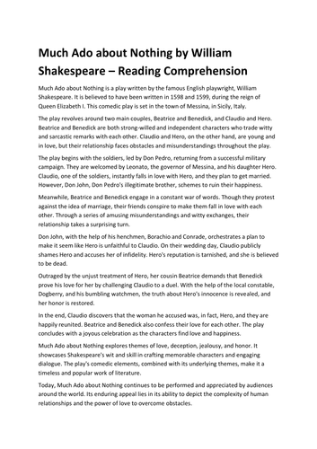 Much Ado about Nothing by William Shakespeare – Reading Comprehension ...