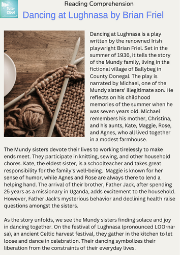 Dancing at Lughnasa by Brian Friel Reading Comprehension Worksheet ...