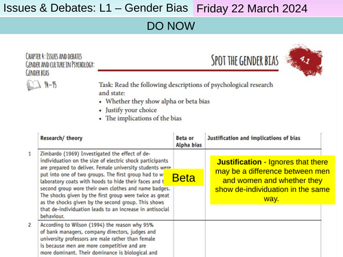 L1: Gender Bias - Issues & Debates - AQA Psychology | Teaching Resources
