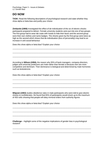 L1: Gender Bias - Issues & Debates - AQA Psychology | Teaching Resources