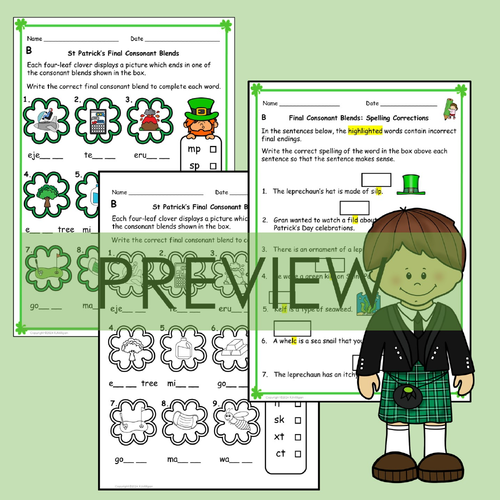 Consonants Blends Final Endings Clusters St Patricks Day Worksheets ...