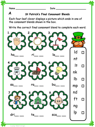 Consonants Blends Final Endings Clusters St Patricks Day Worksheets ...