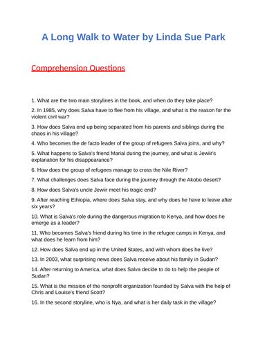 A Long Walk to Water : Reading comprehension Questions - Test / Quiz ...