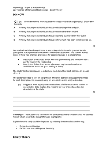 L6: Equity Theory - Relationships - AQA Psychology | Teaching Resources