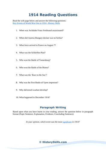 The start of WWI in 1914 Reading Questions Worksheet | Teaching Resources